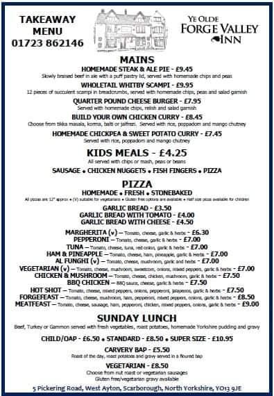 Menu at Ye Olde Forge Valley Inn pub & bar, Scarborough