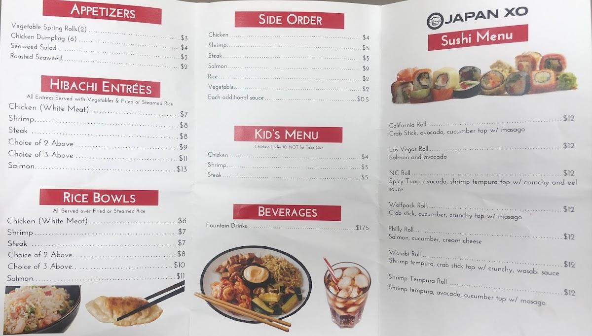 Menu at Japan XO restaurant, Raleigh
