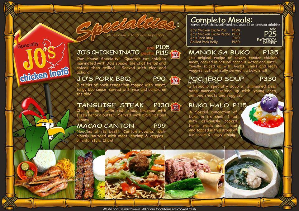 Menu at Jo's Chiken Inato BBQ, Cebu City