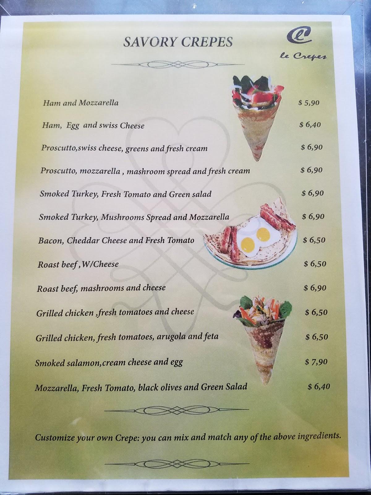 Menu at Le Crepes cafe, Jacksonville