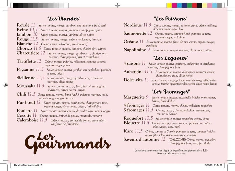 Menu at Les Gourmands pizzeria, Boëge