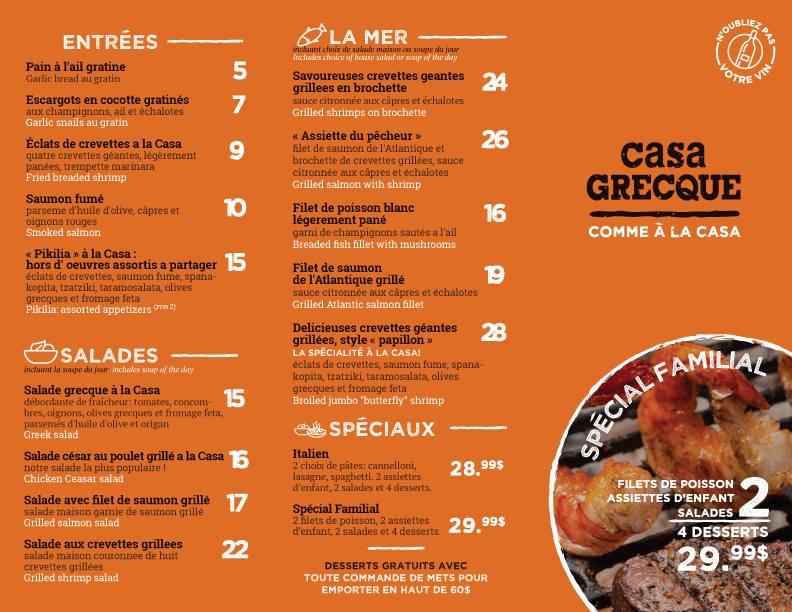Menu au Casa Grecque restaurant, Gatineau, 85 Rue Bellehumeur