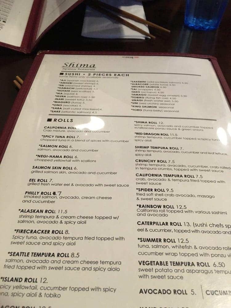 Menu at Shima Japanese Restaurant, Stanwood