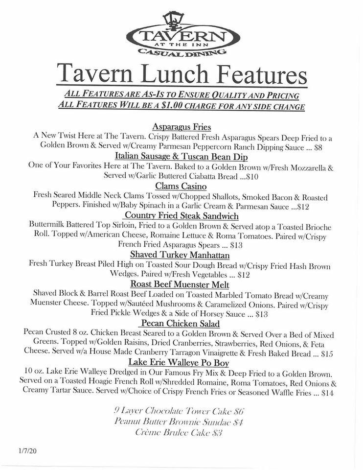Menu at Tavern At the Inn pub & bar, Findlay, 200 E Main Cross St