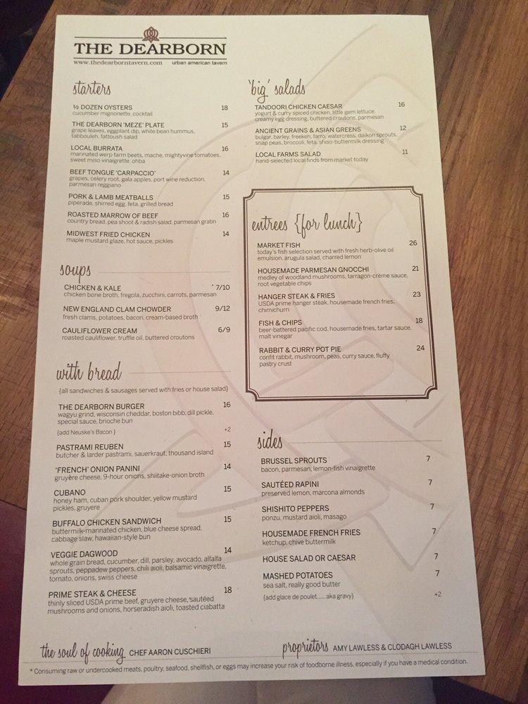 Menu at The Dearborn restaurant, Chicago, 145 N Dearborn St