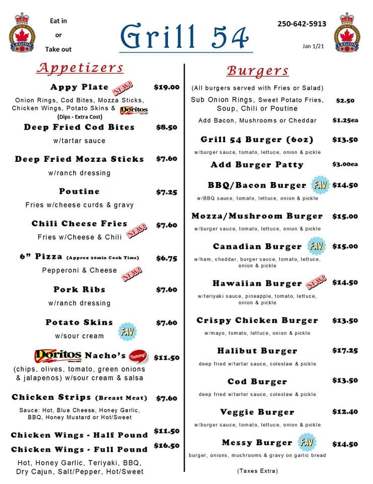 Menu at Royal Canadian Legion Branch #54 Sooke, Sooke