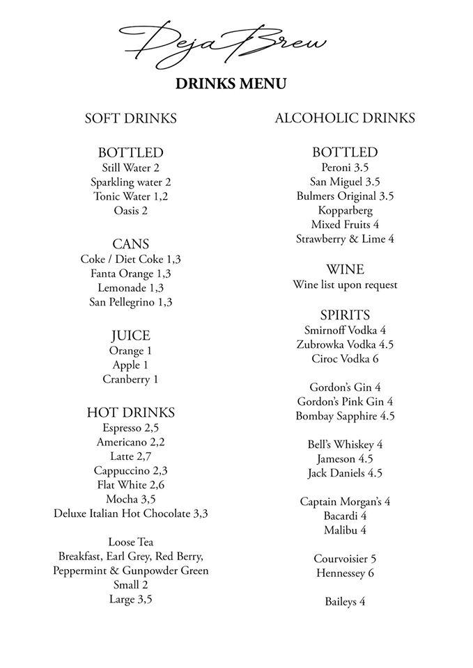 Menu at Deja Brew restaurant, Great Yarmouth