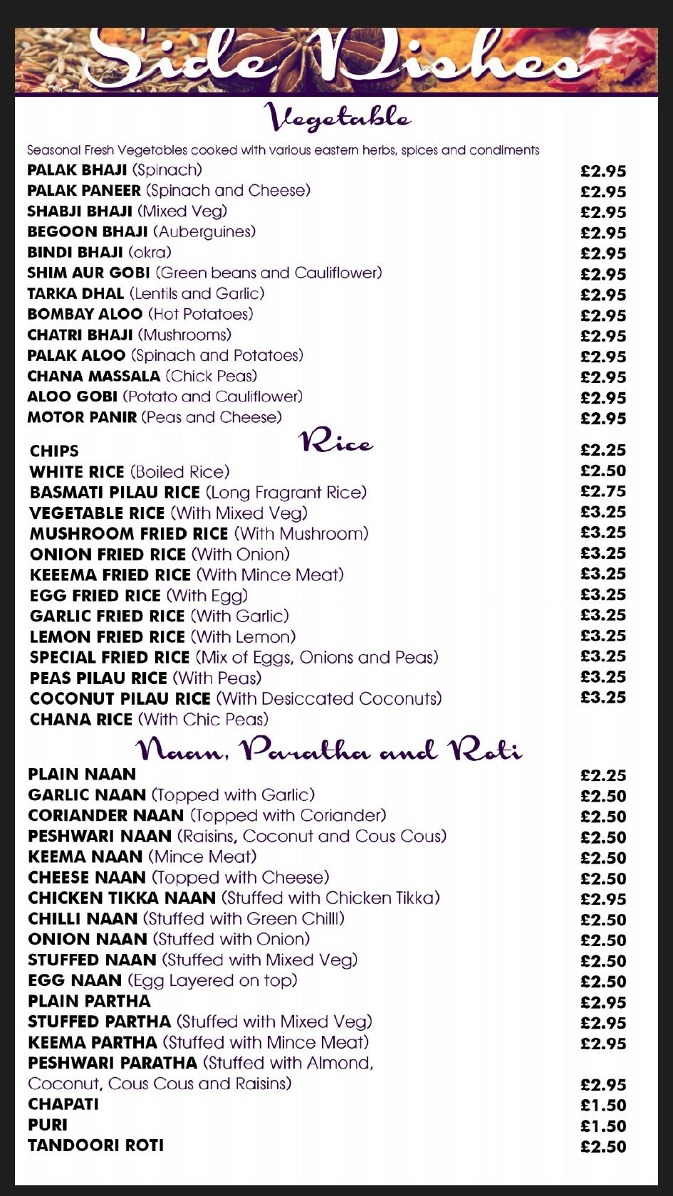 Menu at Spices restaurant, Hartlepool