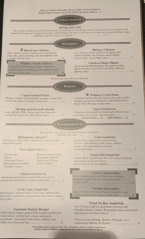 Menu at The Boundary House Restaurant, Calabash