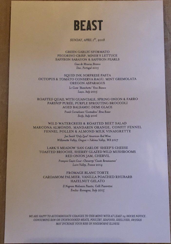 Menu at Beast restaurant, Portland