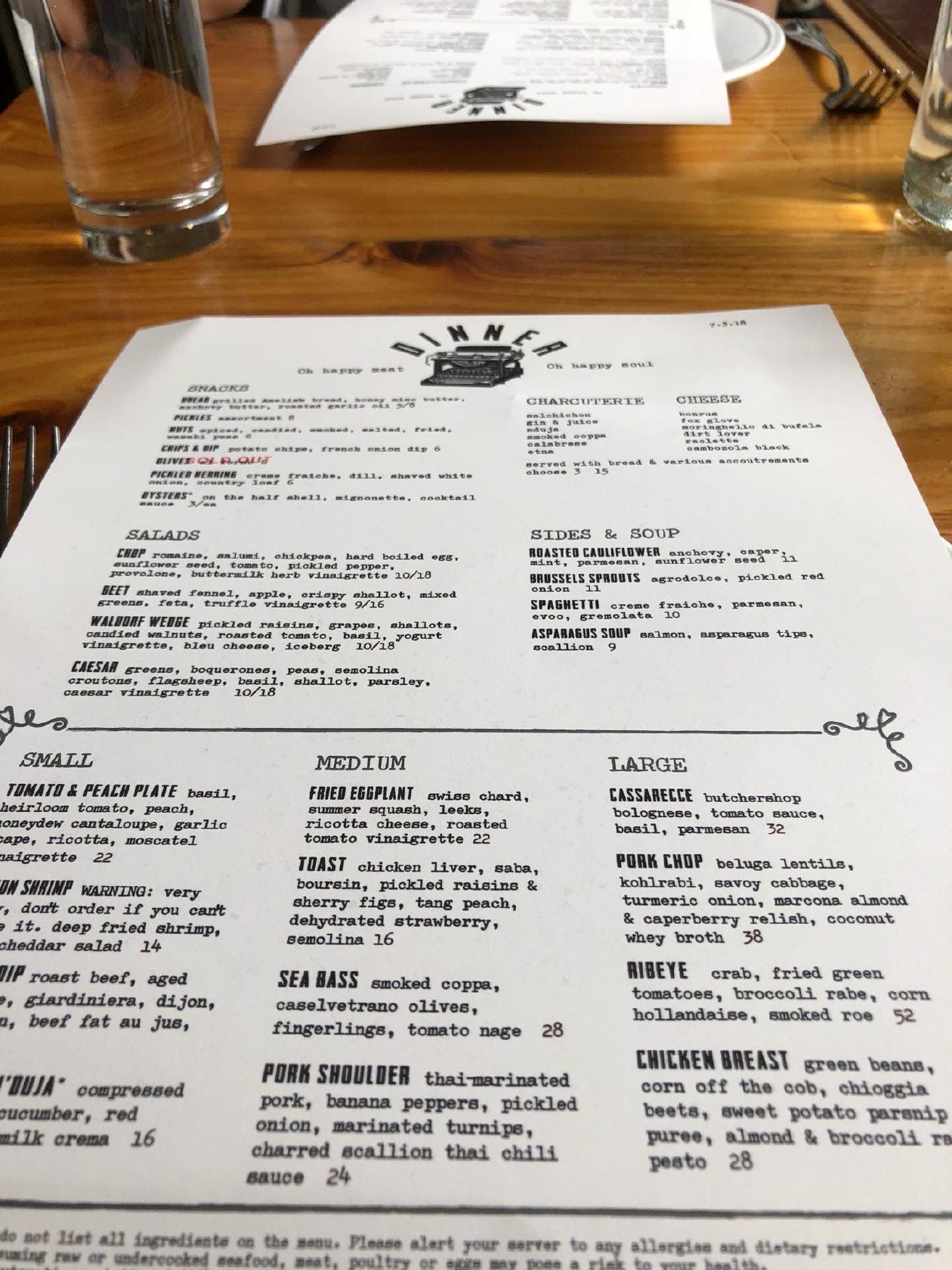 Menu at Bluebeard restaurant, Indianapolis