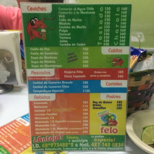 Menu at Botanas Felo restaurant, San Juan del Río