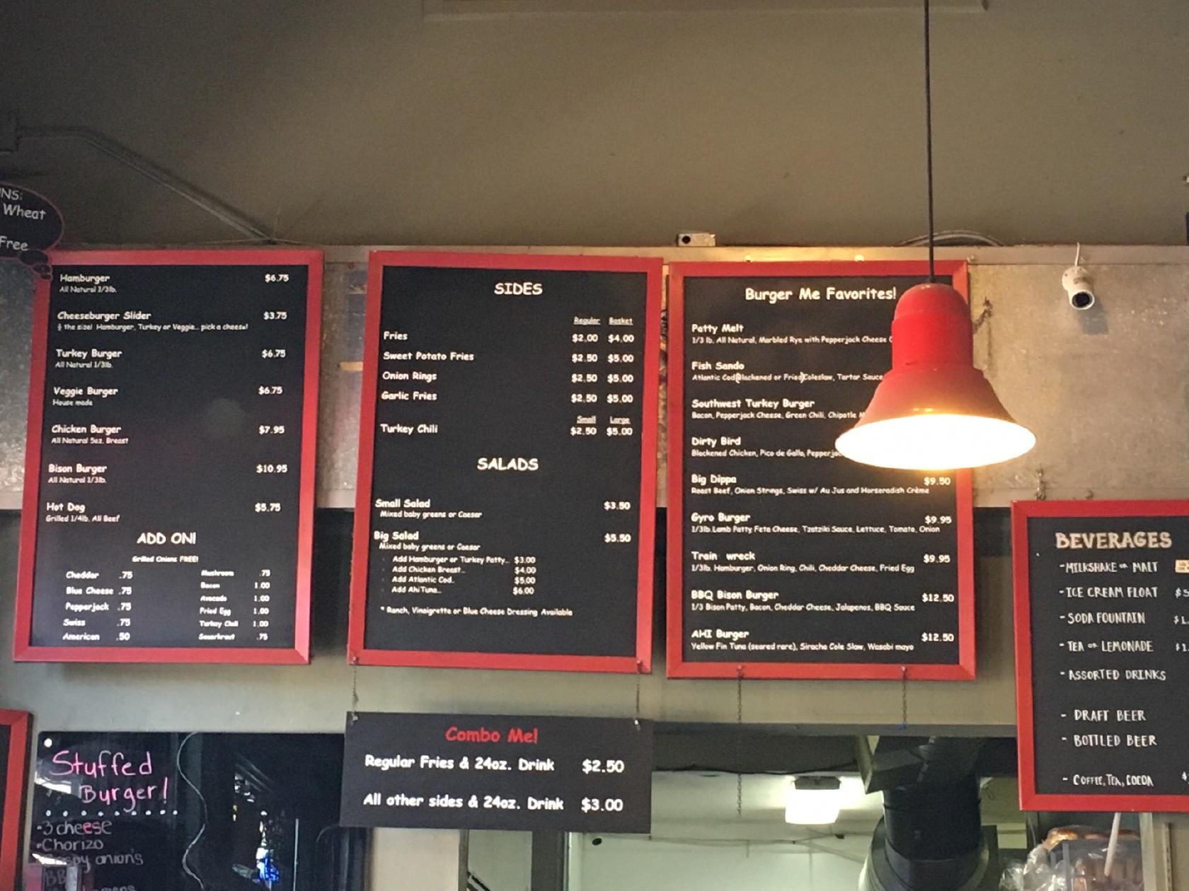 Menu at Burger Me restaurant, Truckee