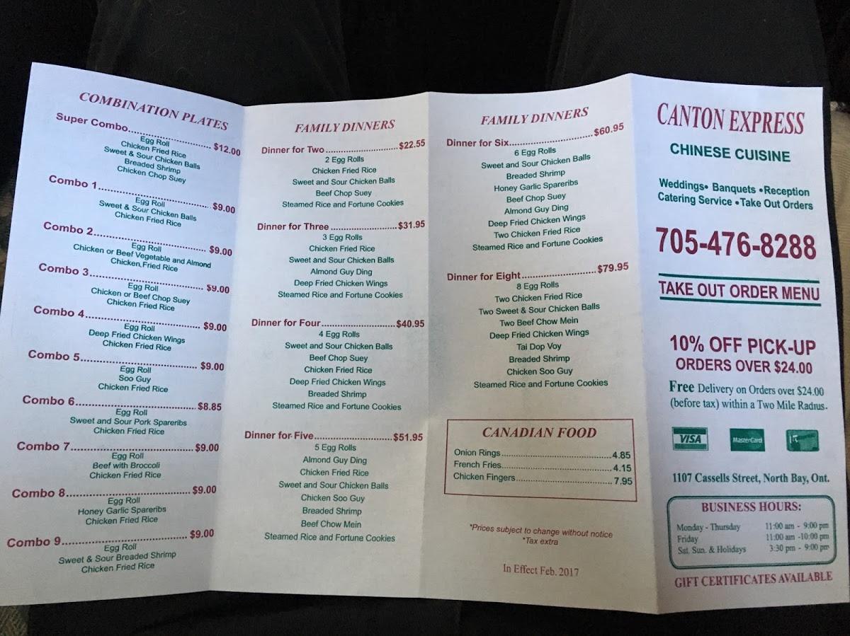Menu at Canton Express restaurant, North Bay