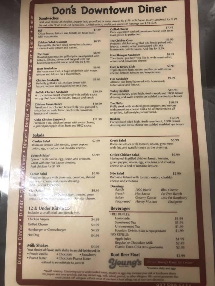 Menu at Don's Downtown Diner restaurant, Bellefontaine