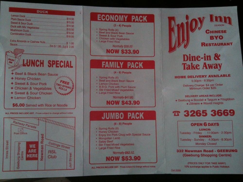 Carta de Enjoy Inn Chinese Restaurant, Geebung
