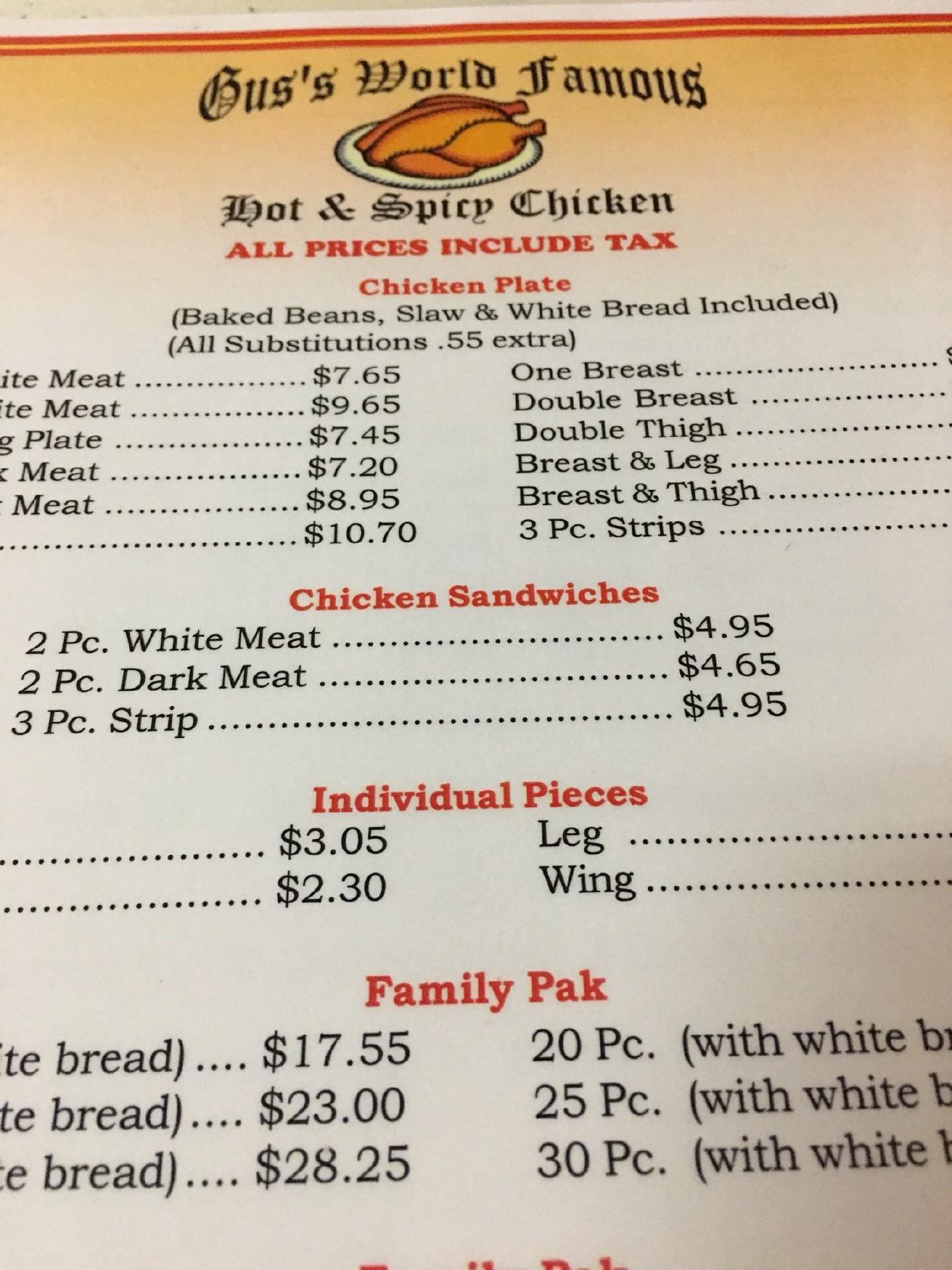 Menu at Gus's World Famous Fried Chicken restaurant, Mason, 505 US-70