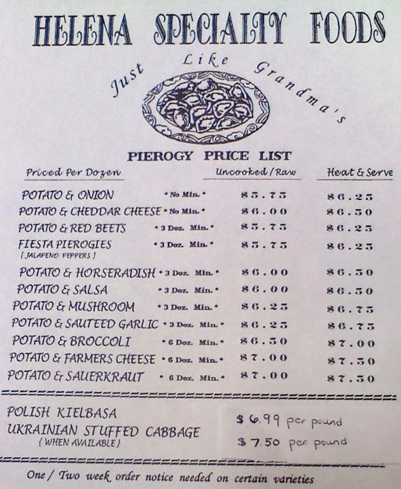 Menu at Helena Specialty Pierogies restaurant, Kerhonkson