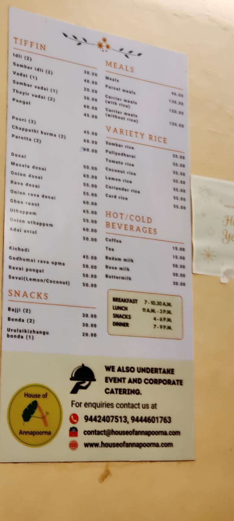 Menu at House of Annapoorna, Chennai