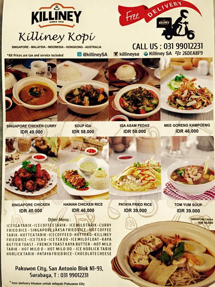 Menu at Killiney cafe, Surabaya, San Antonio Shopping Street