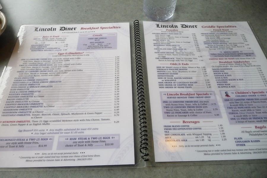 Menu at Lincoln Diner restaurant, Gettysburg