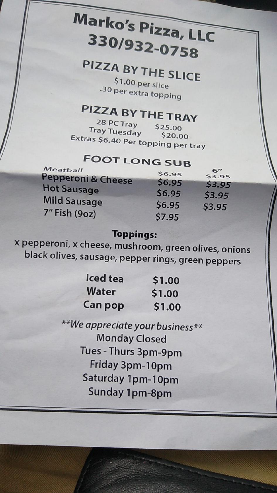 Menu at Marko's Pizza restaurant, East Liverpool
