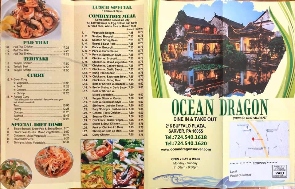 Menu at Ocean Dragon Chinese restaurant, Sarver