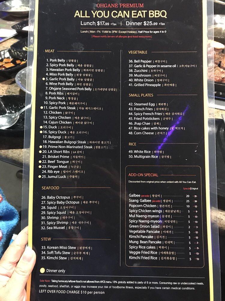 Menu at Ohgane Korean BBQ Concord, Concord