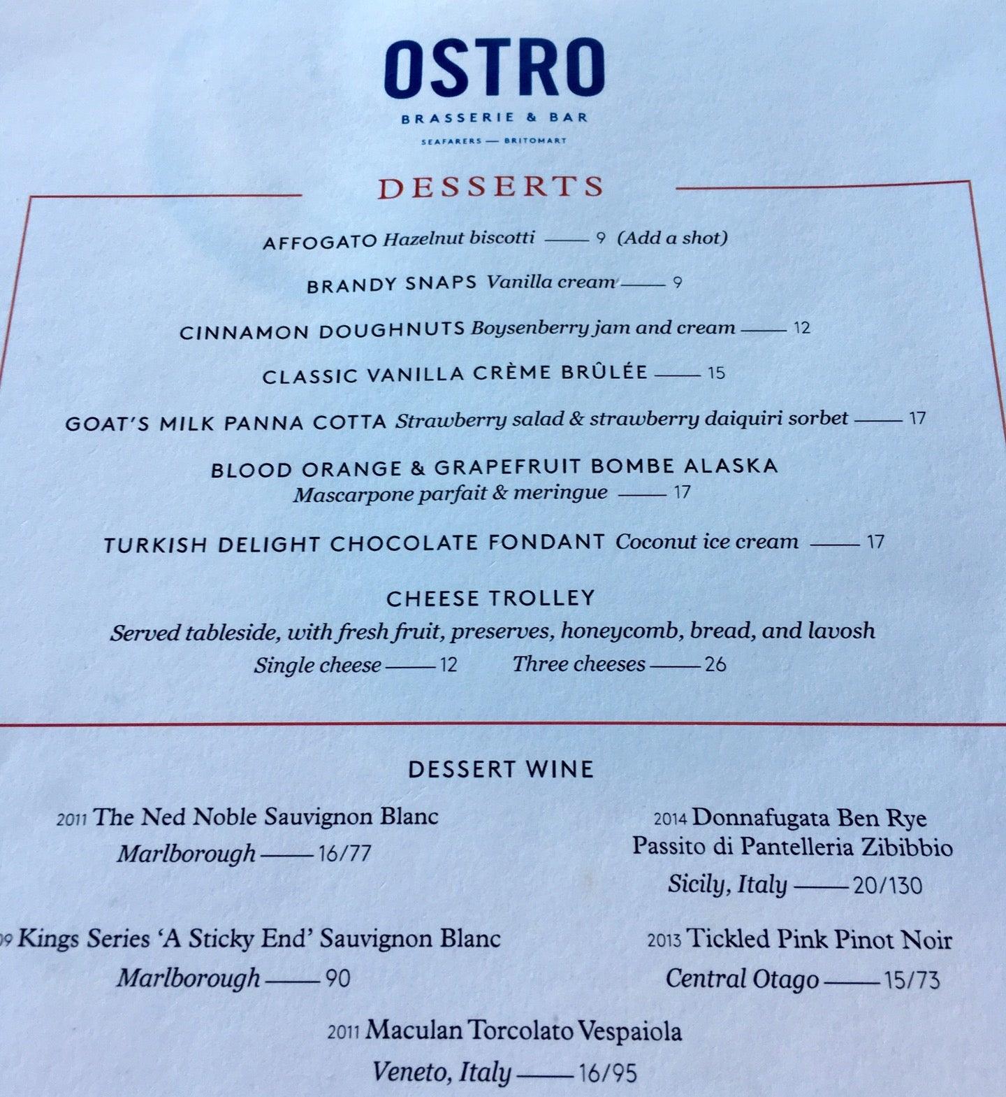 Menu at Ostro Brasserie & Bar, Auckland, 52 Tyler St