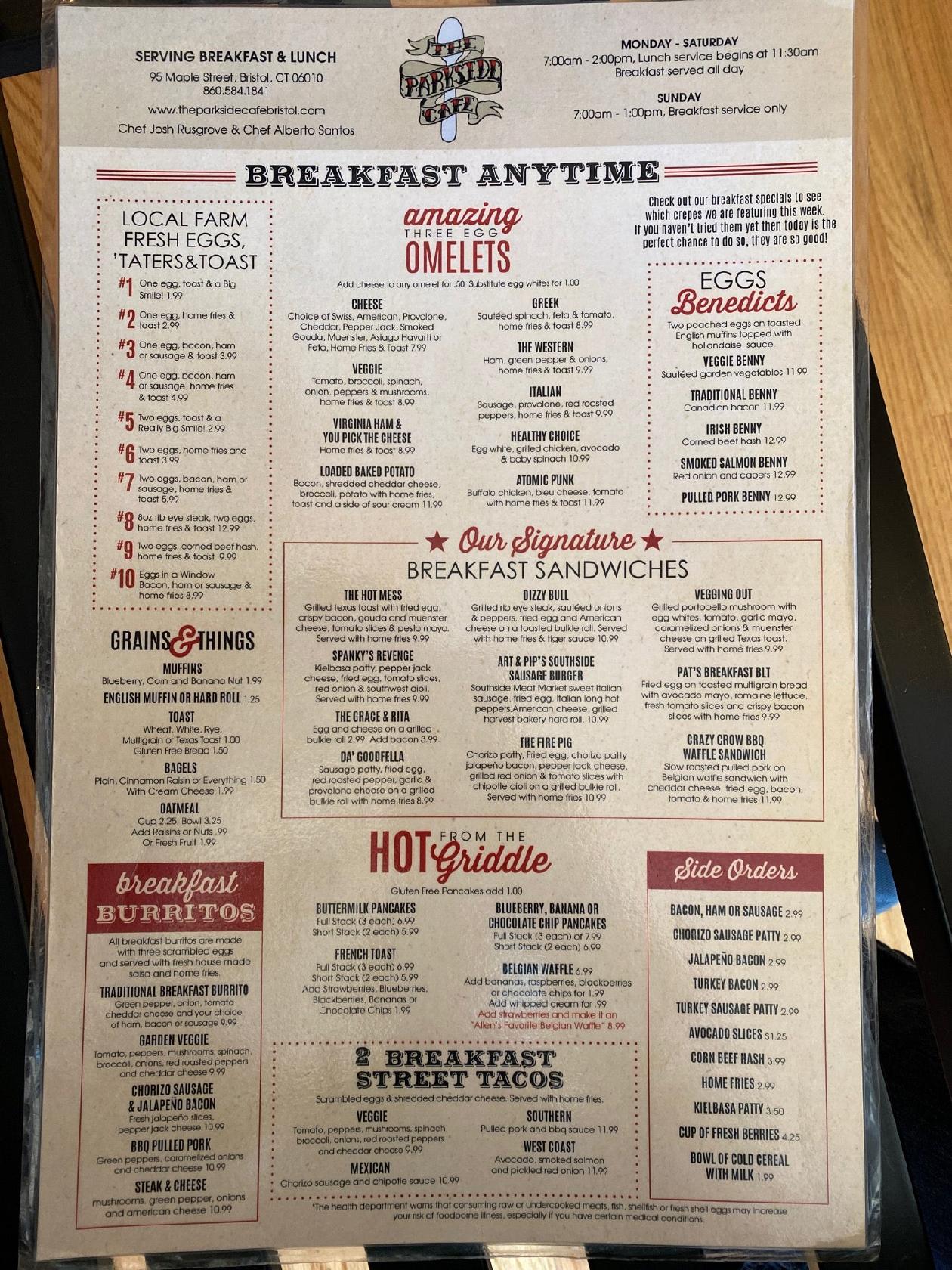 Menu at Parkside Cafe, Bristol