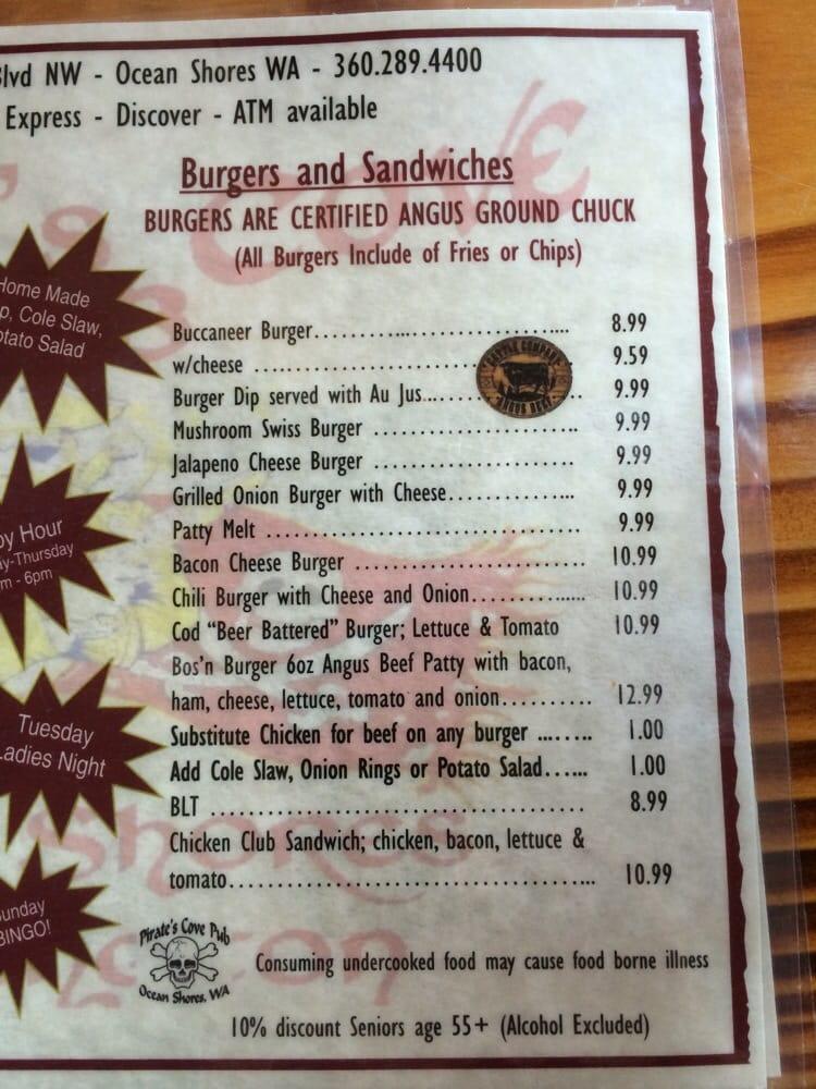 Menu at Pirates Cove Pub, Ocean Shores