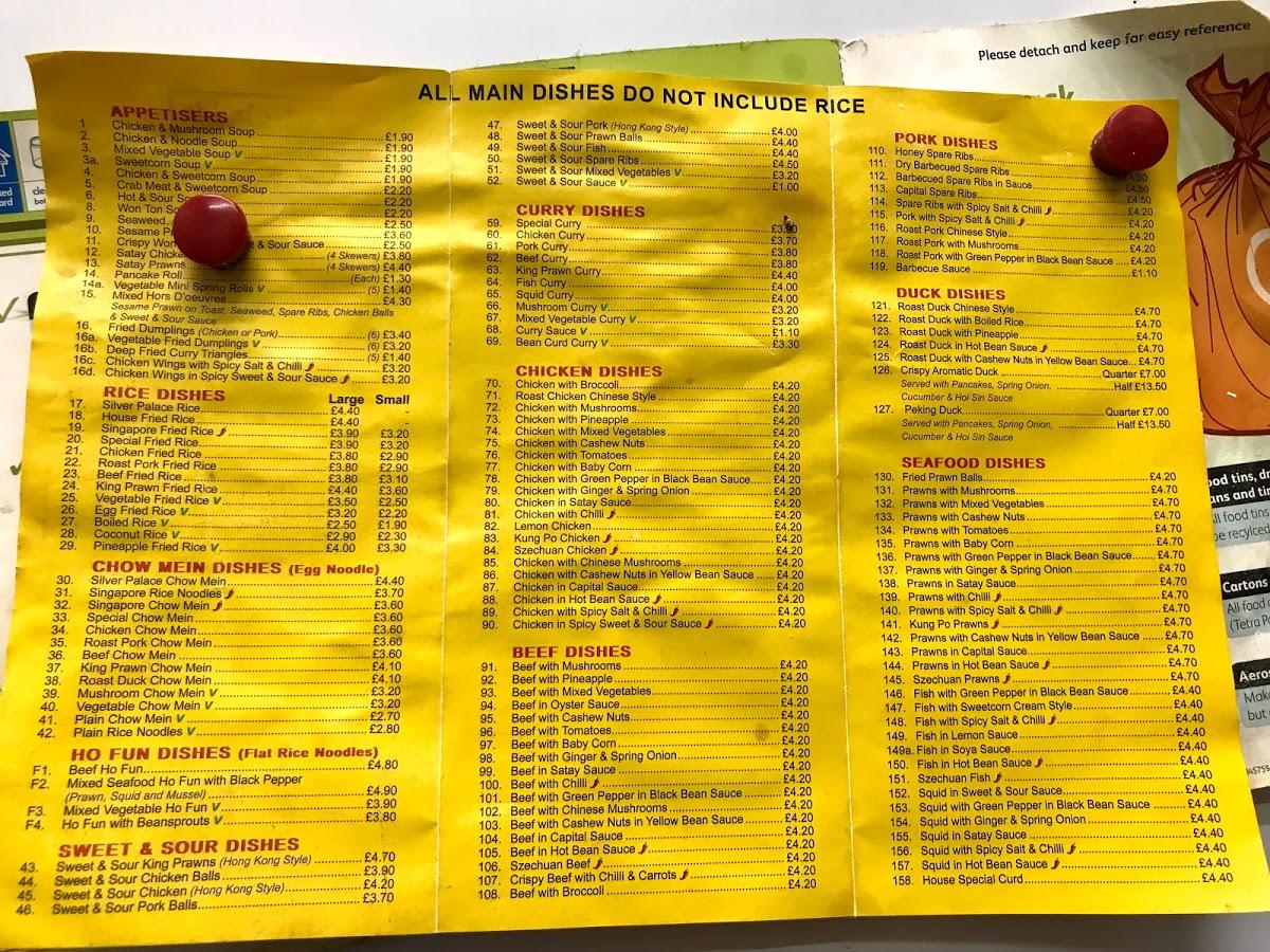Menu at Silver Palace fast food, London