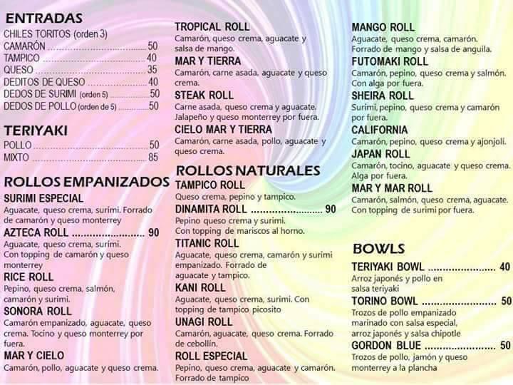 Menu at Sushi Pop restaurant, San Luis Río Colorado
