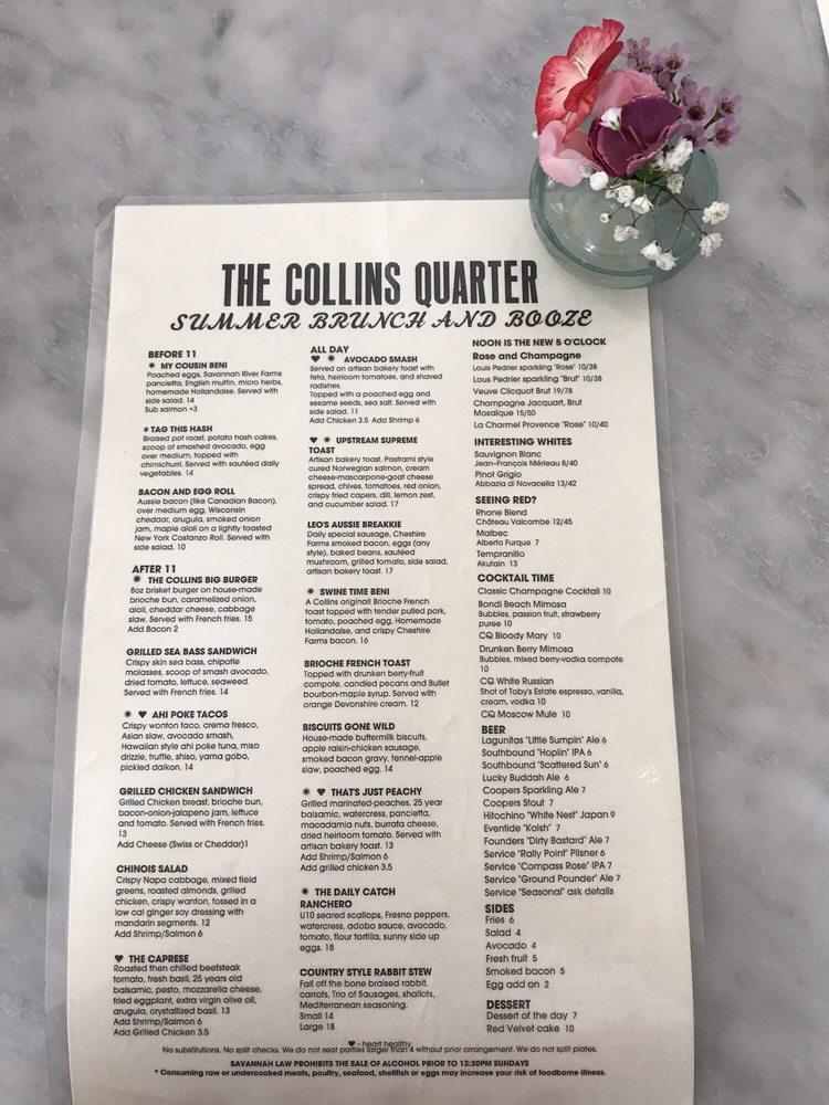 Menu at The Collins Quarter cafe, Savannah, 151 Bull St