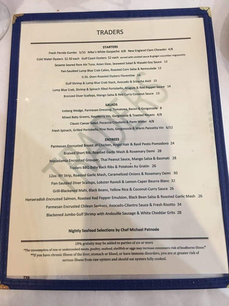 Menu at Traders Restaurant on Sanibel, Sanibel