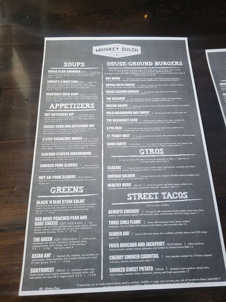 Menu at Whiskey Gulch CoffeePub, Port Orchard