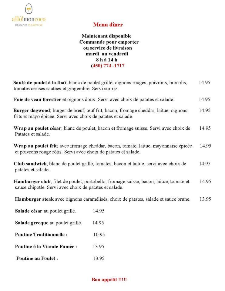 Menu au Allô mon Coco restaurant, Saint-Hyacinthe