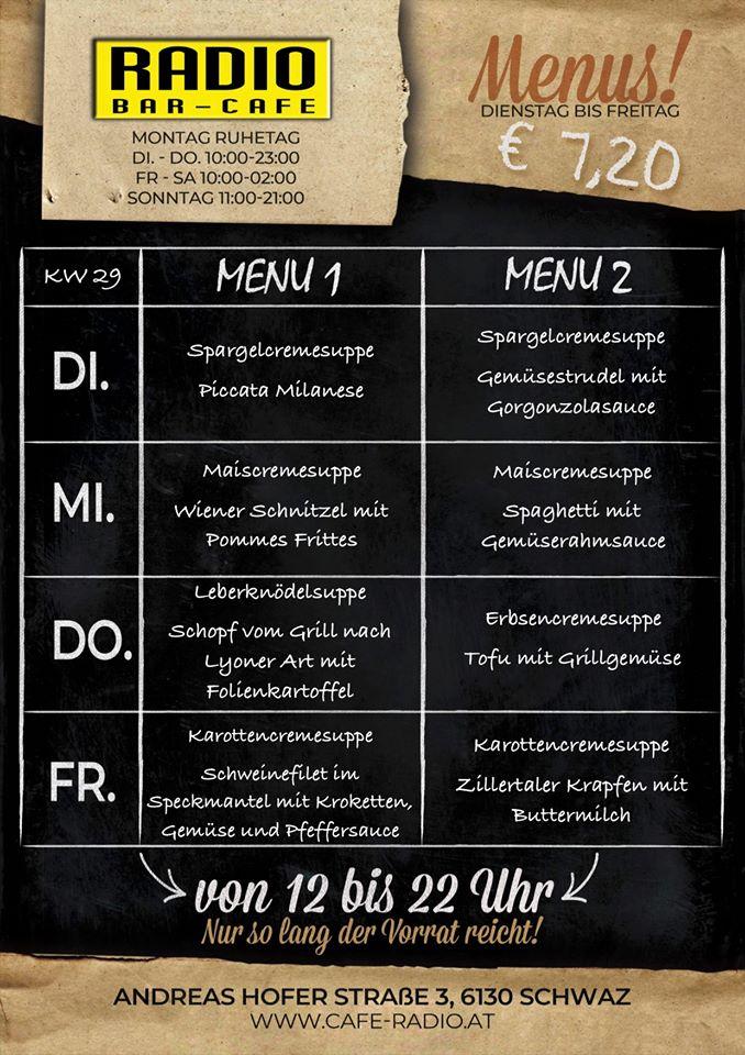 Menu at Cafe Radio, Schwaz