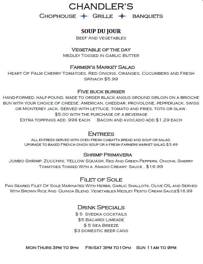 Menu at Chandler's Chophouse, Grille & Banquets steakhouse, Schaumburg