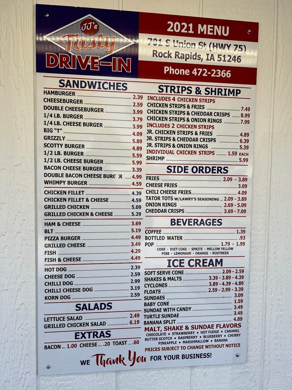 Menu at JJ's Drive In restaurant, Rock Rapids