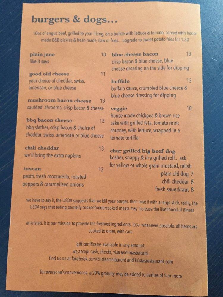 Menu at Krista's pub & bar, Cornish