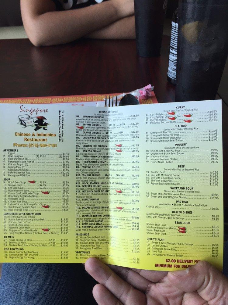 Menu at Singapore II UTSA restaurant, San Antonio