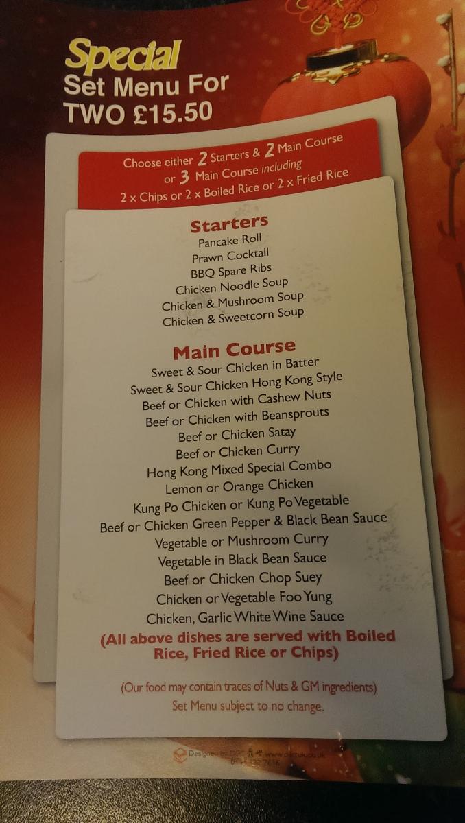 Menu at Hong Kong Carry Out fast food, Dunoon