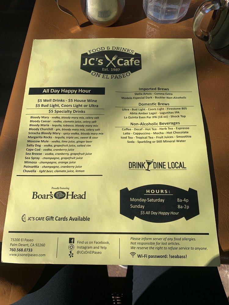 Menu at JC’s Cafe, Palm Desert