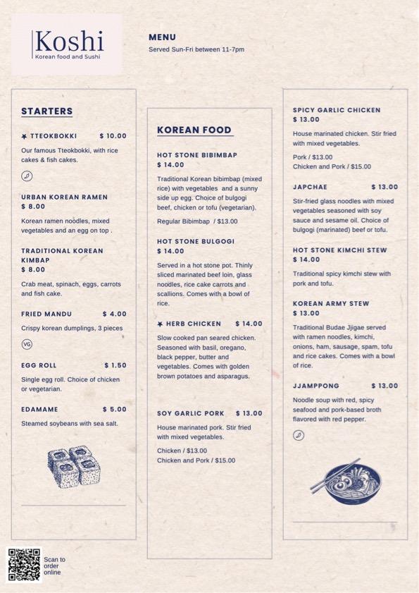 Menu at KOSHI - Korean food & Sushi restaurant, Columbus