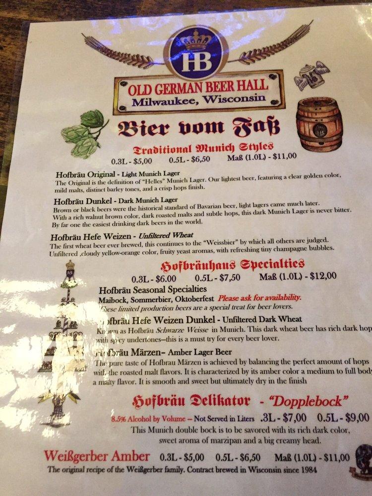 Menu at Old German Beer Hall pub & bar, Milwaukee