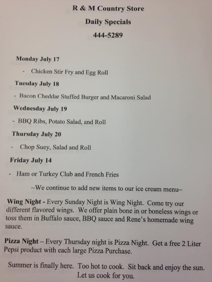 Menu at R&M Country store pizzeria, Eagle Lake