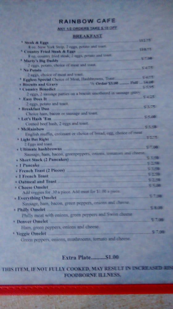 Menu at Rainbow Cafe, Red Oak