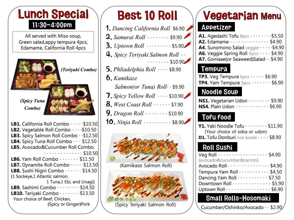 Menu at Samurai Sushi & Teriyaki restaurant, Parksville