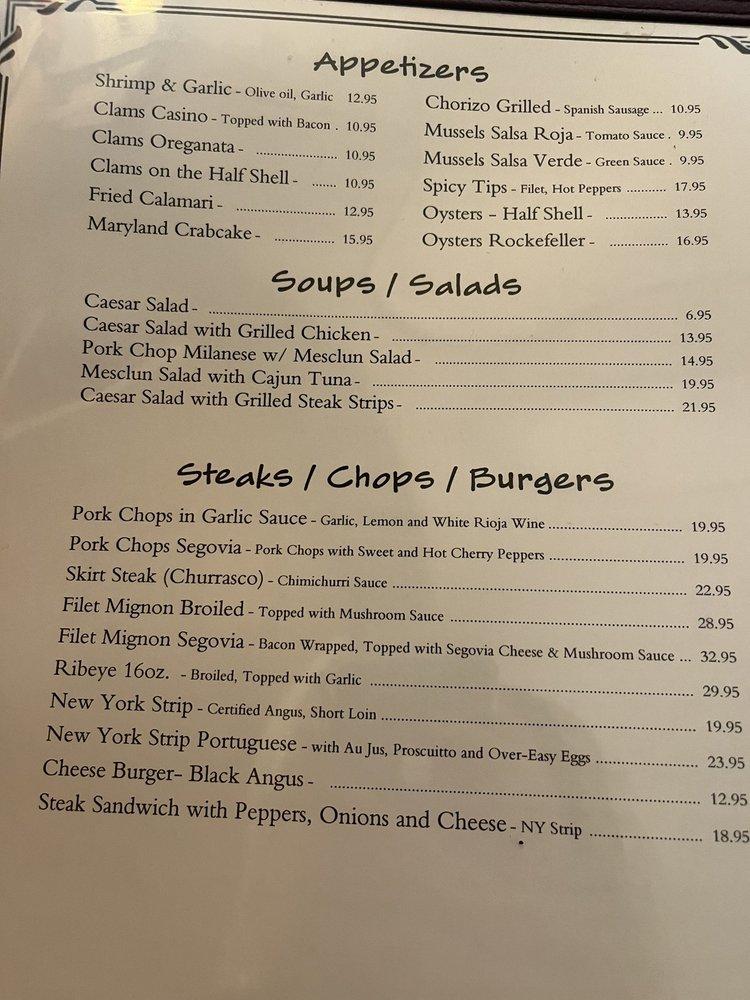 Menu at Segovia Tavern steakhouse, Oakland